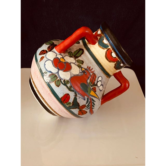 Vintage 3-Handled Ceramic Vase Jug With Colorful Bird and Flower Motif ...