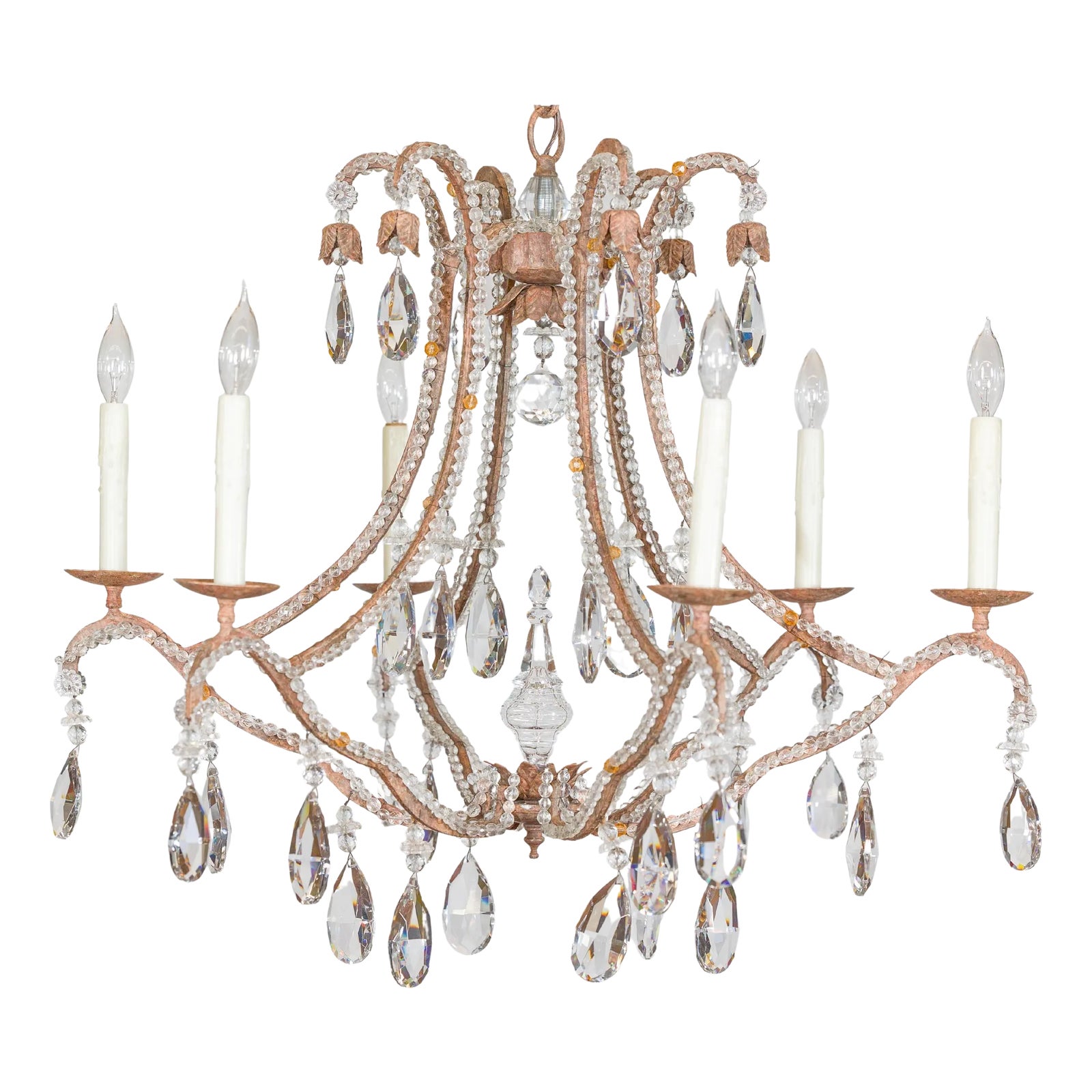 Late 20th Century Six-Light Crystal Chandelier with Scrolling Patinated ...
