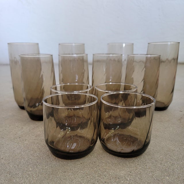 1960s Vintage Smoke Glass Cup Set by Anchor Hocking - 12 Pieces | Chairish