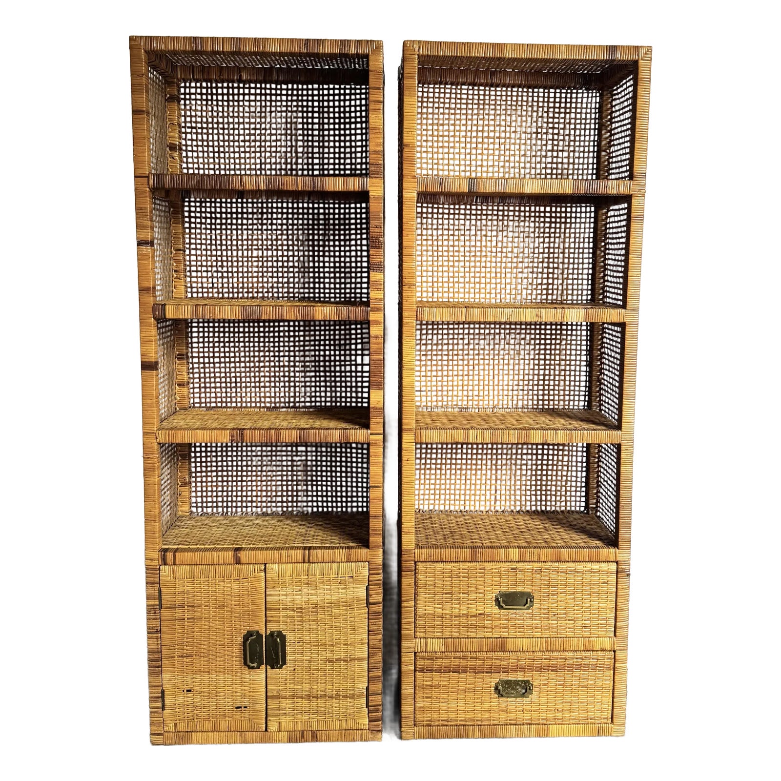 Boho Chic Coastal Wicker Etageres/Bookshelves - Set of 2 | Chairish