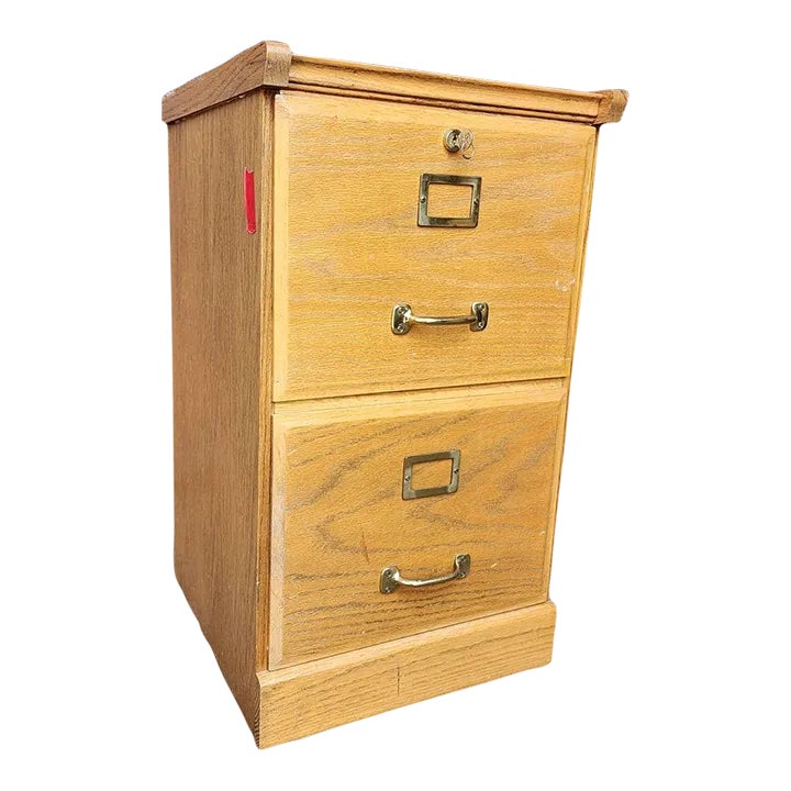 1980s Vintage Two Drawer Oak Locking Filing Cabinet with Key | Chairish