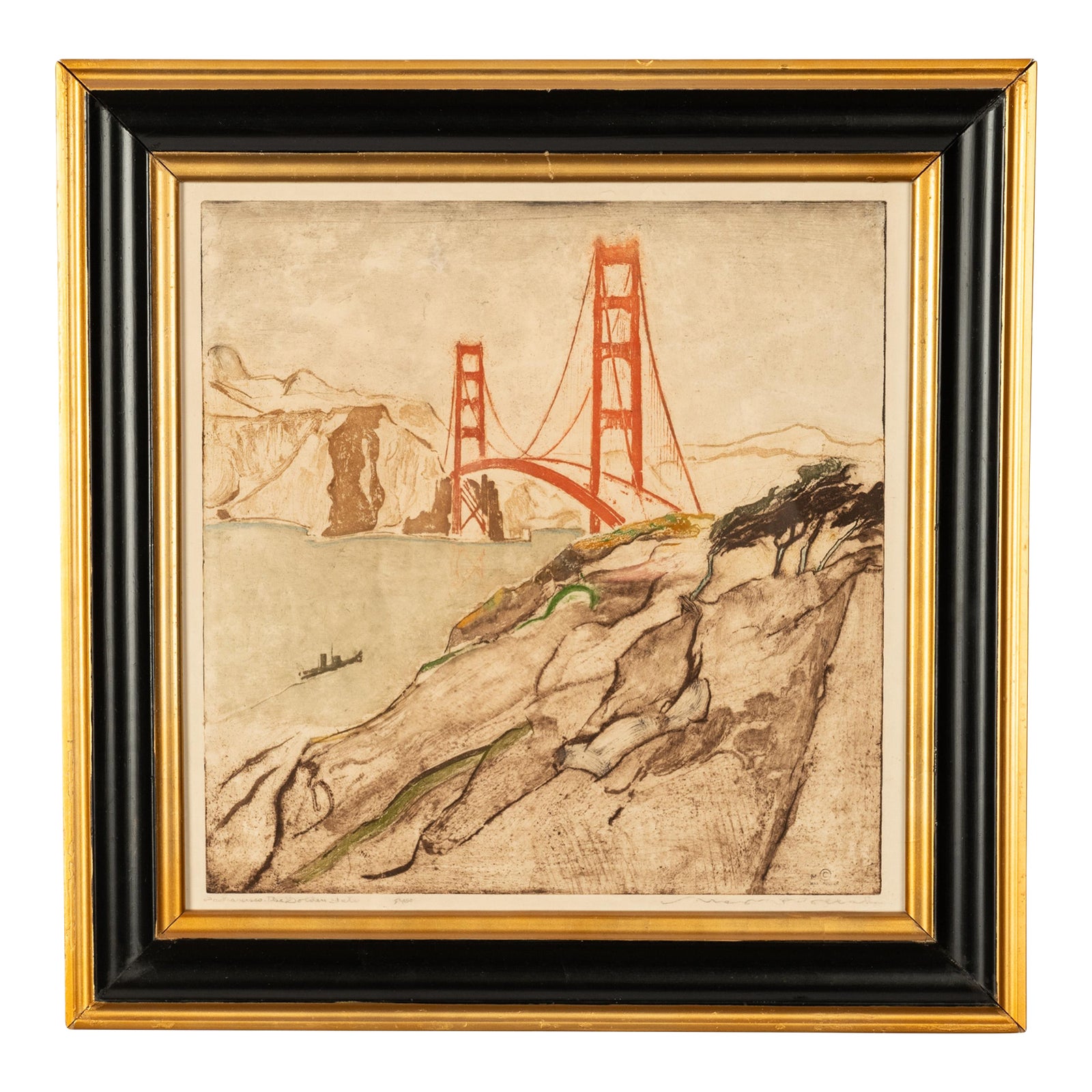 Max Pollak San Francisco Colored Etching Aquatint Golden Gate Bridge by ...