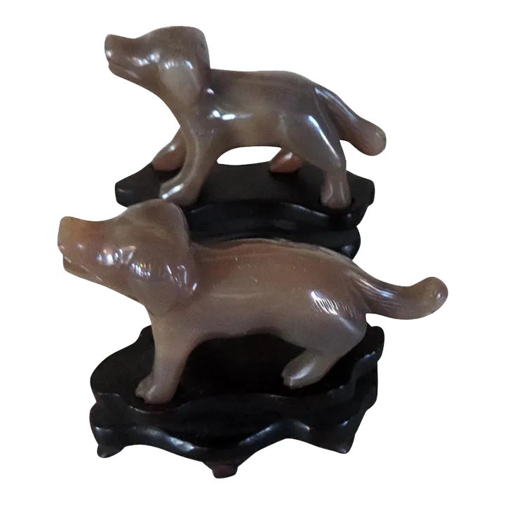 Antique Carved Stone Chinese Hounds on Wood Stands - a Pair | Chairish