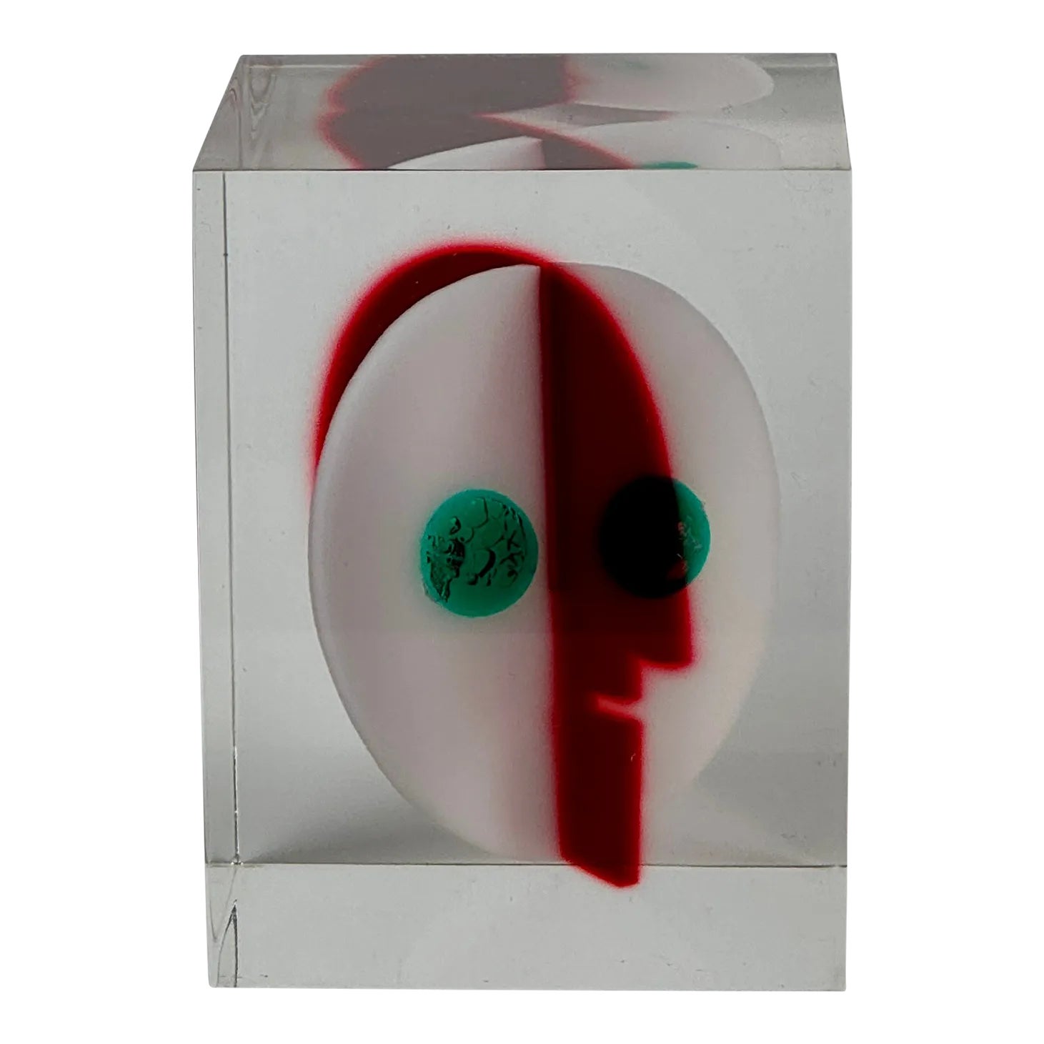 1970's Lucite Art Cube Sculpture With Floating Abstract Head With Green ...