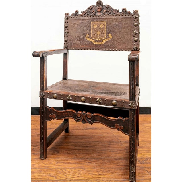 19th Century English Renaissance Revival Leather Carved Armorial Hall ...