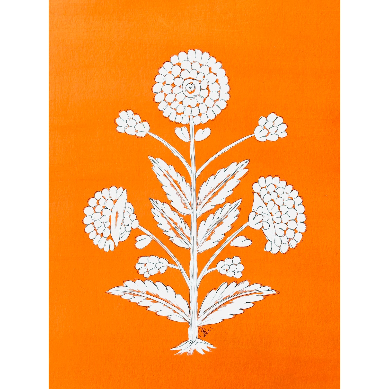 Hand-Painted Jaipuri Orange & White Floral Motif Painting | Chairish