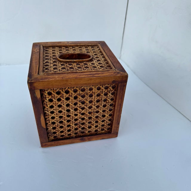 Mid Century Modern Cane and Wood Tissue Box Cover | Chairish