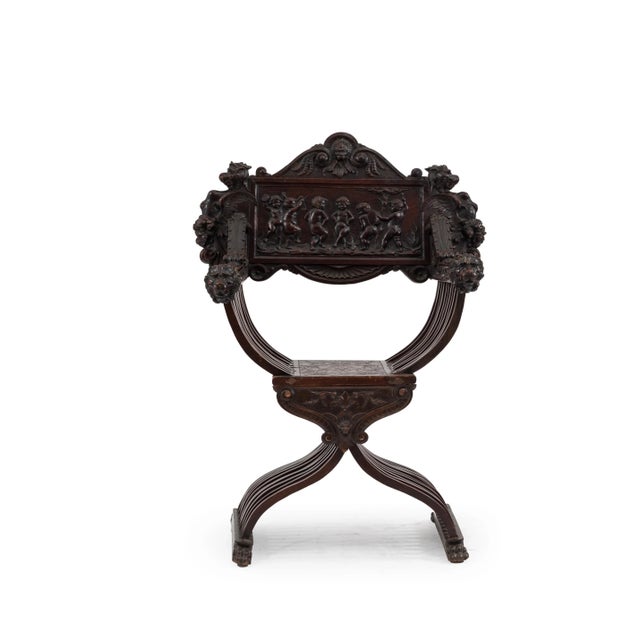 Italian Renaissance Carved Walnut Savonarola Armchair | Chairish