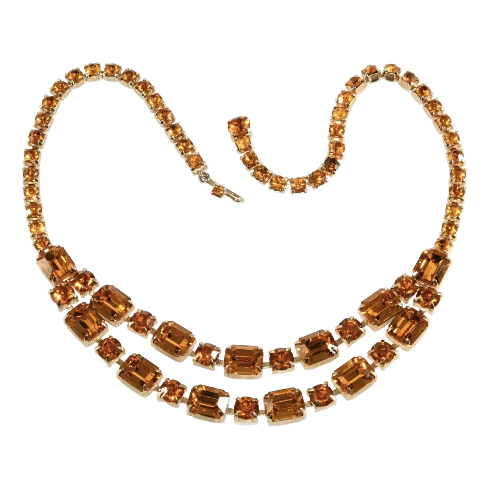 Vintage Amber Color Rhinestone Necklace Draping Two Strand | Chairish
