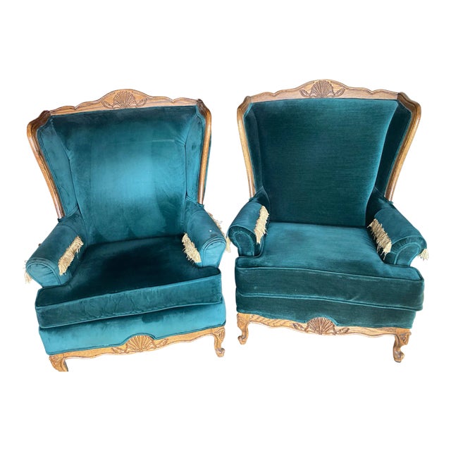 Pair of Custom Large Wingback Chairs Emerald Green Velvet Oak SeaShell ...