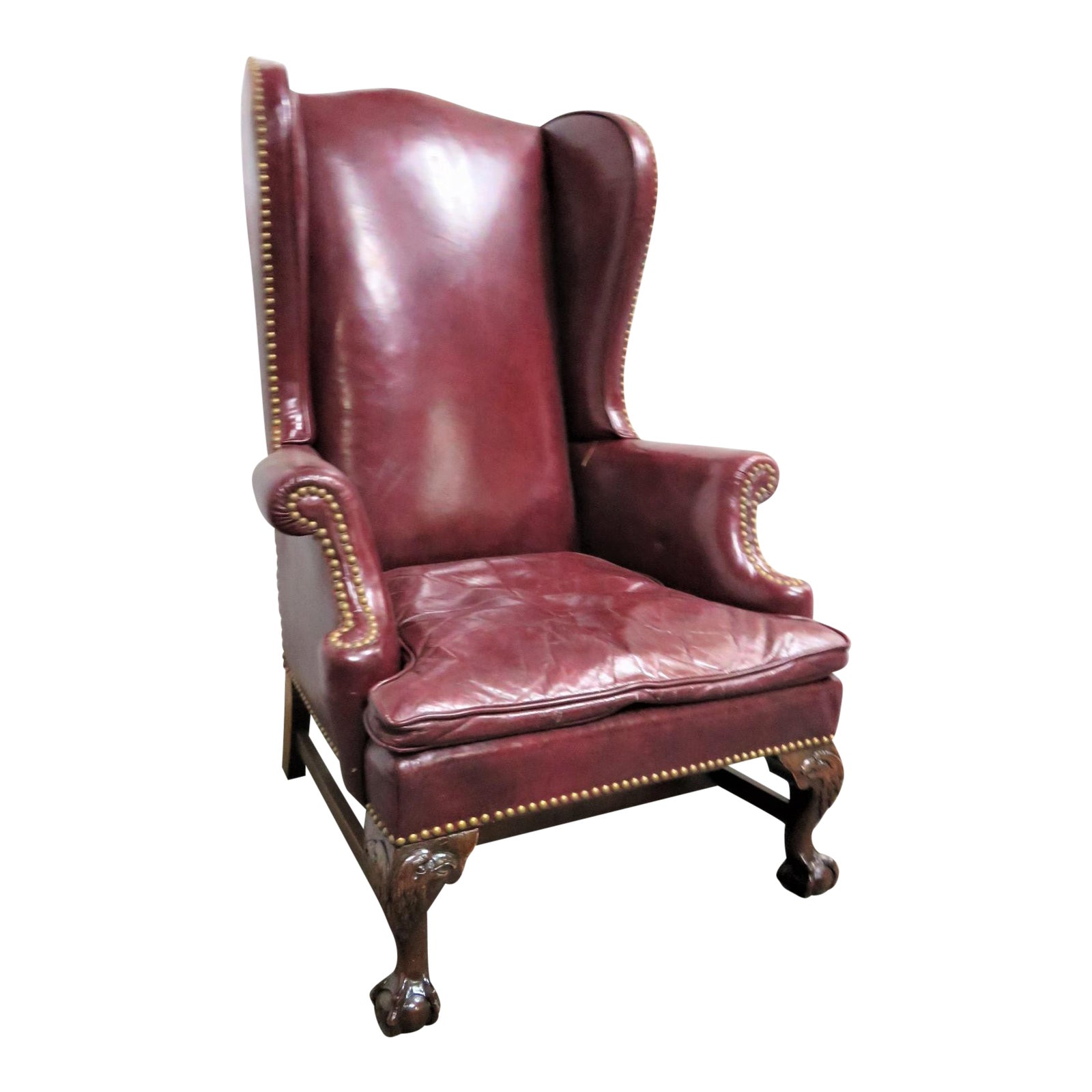 Chippendale Eagle Carved Leather Wing Chair | Chairish