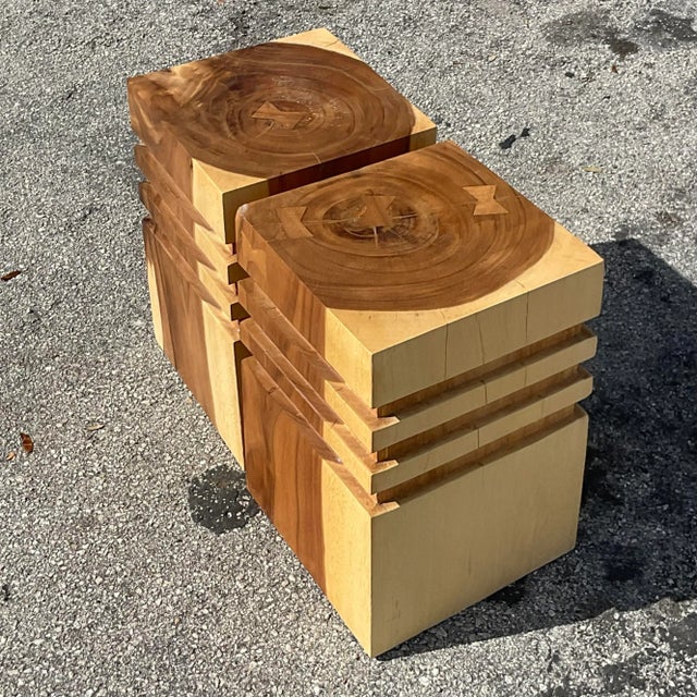 Vintage Boho Carved Wooden Low Stools - a Pair | Chairish