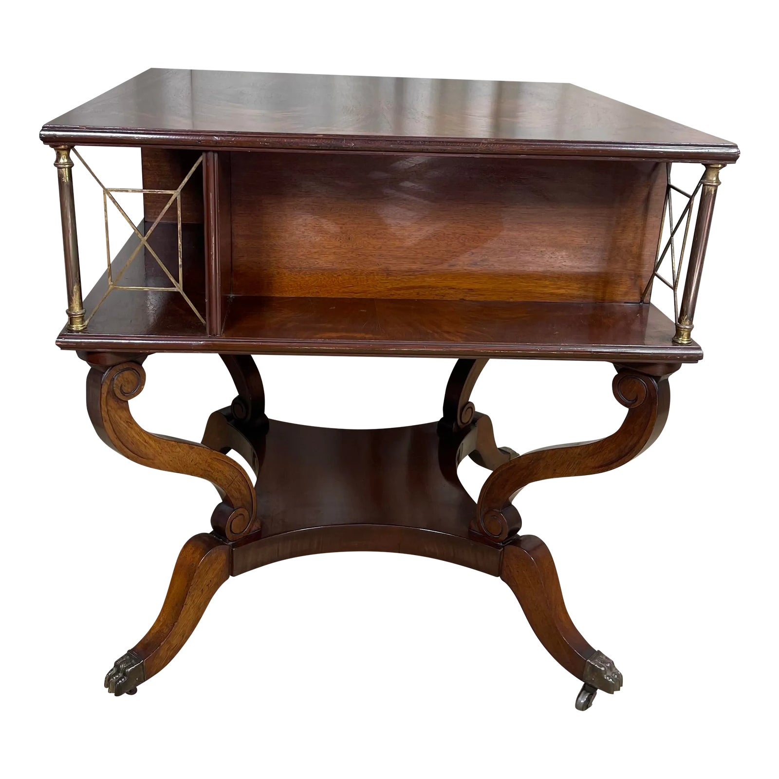 1940s Crotch Mahogany Side Table - Library Table With Shelf & Brass ...