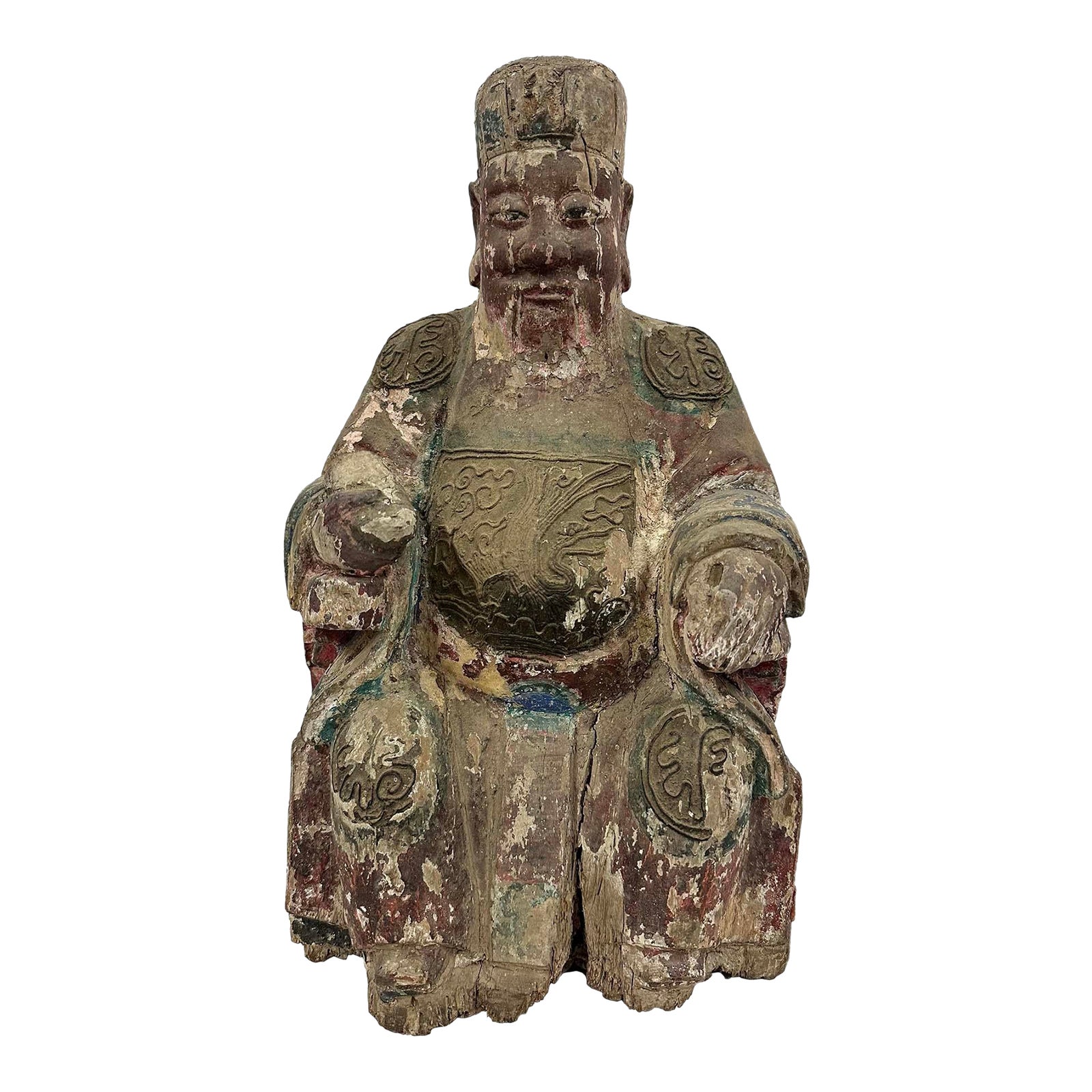 Early 19th Century Chinese Carved Polychrome Wooden Sculpture of Lucky ...