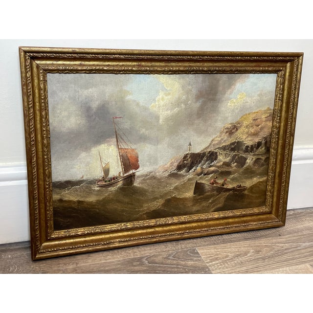 Traditional British 19th Century Oil Painting Fishing Boat Rough Choppy Seas by Henry Moore Ra ...