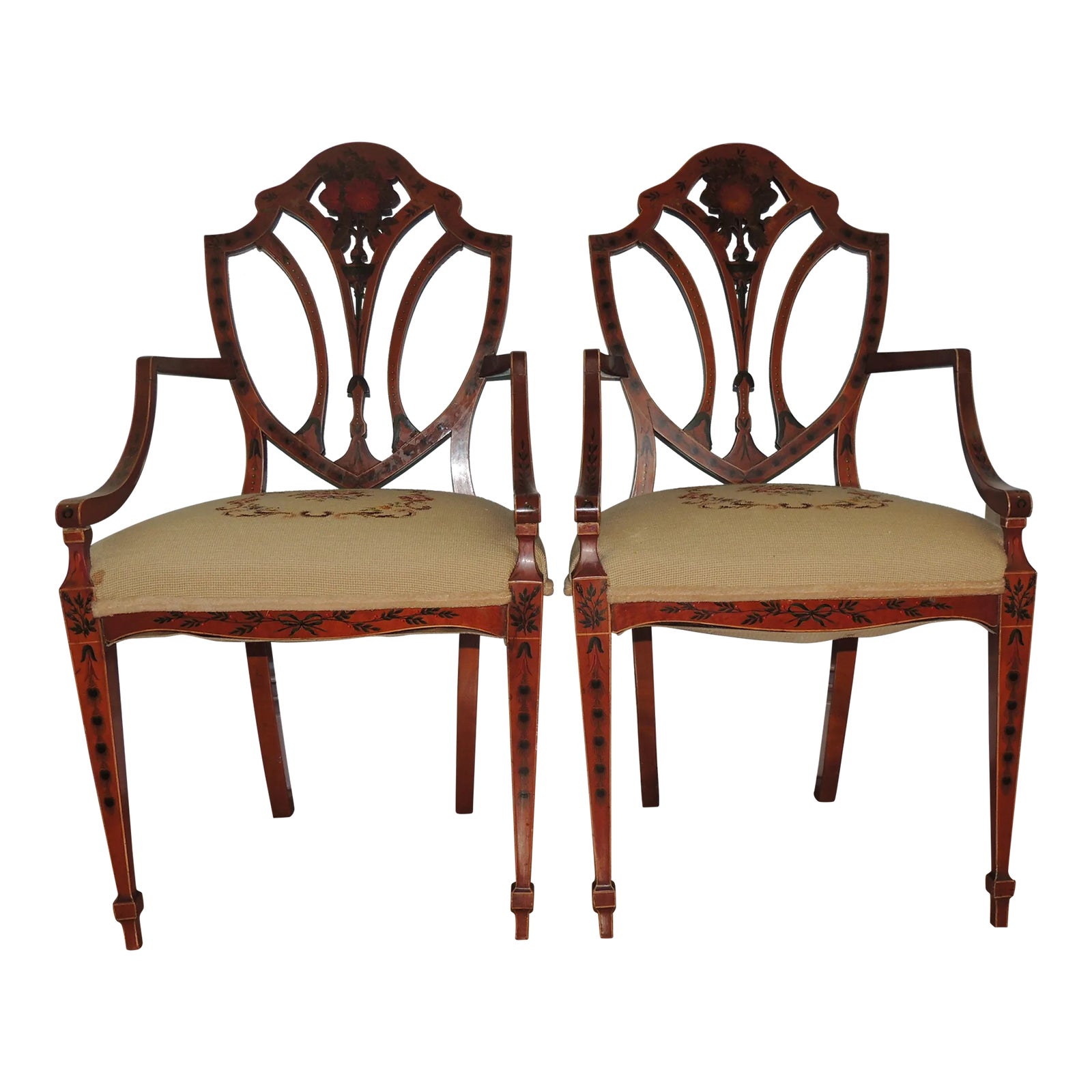 Early 20th Century Antique Adam Style Painted Shield Back Armchairs ...