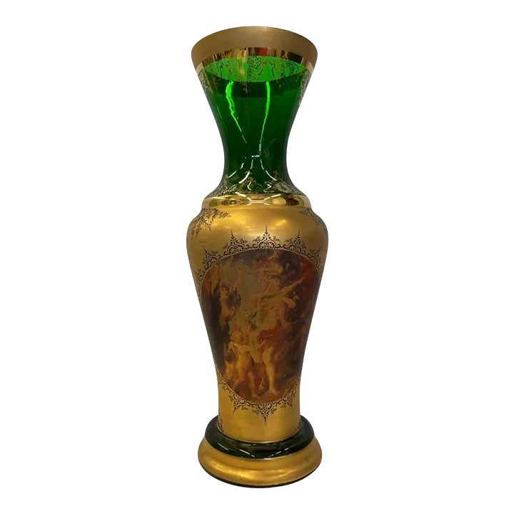 Vintage Italian Emerald Green Glass Vase With Hand Painted Gold ...