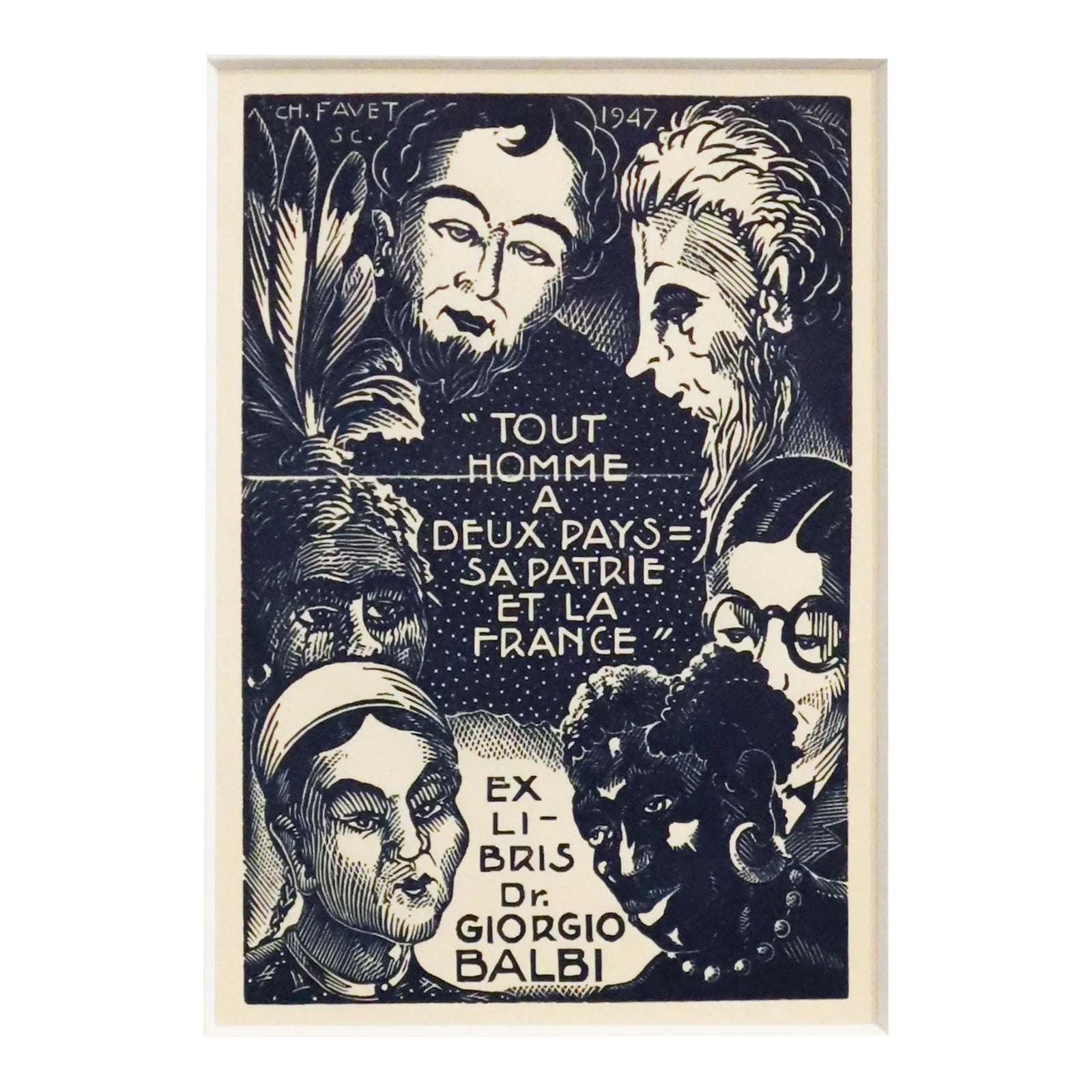 1947 Italian Engraving Bookplate (Ex Libris), Tout Homme a Deux Pays ...