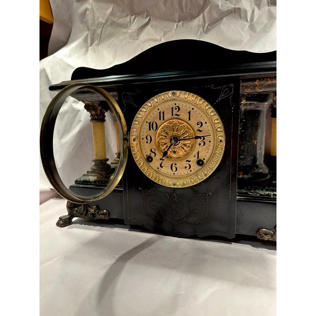 19th Century Seth Thomas “Shasta” Antique Black Adamantine Mantel Clock ...