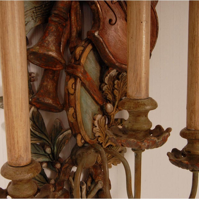 Vintage Italian Wall Lamps Carved Wood Polychrome Painted Mirrorred ...