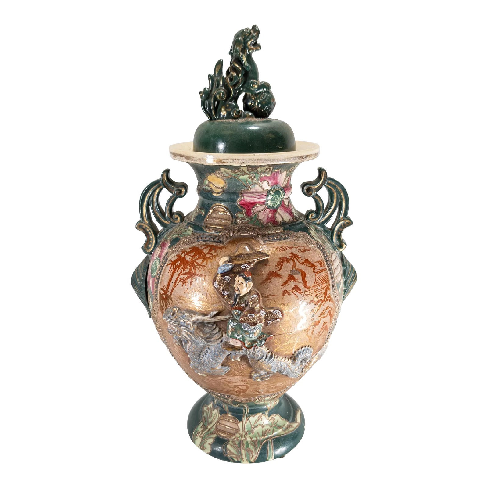 1900's Japanese Decorative Kutani or Satsuma Green Porcelain Floor Vase ...
