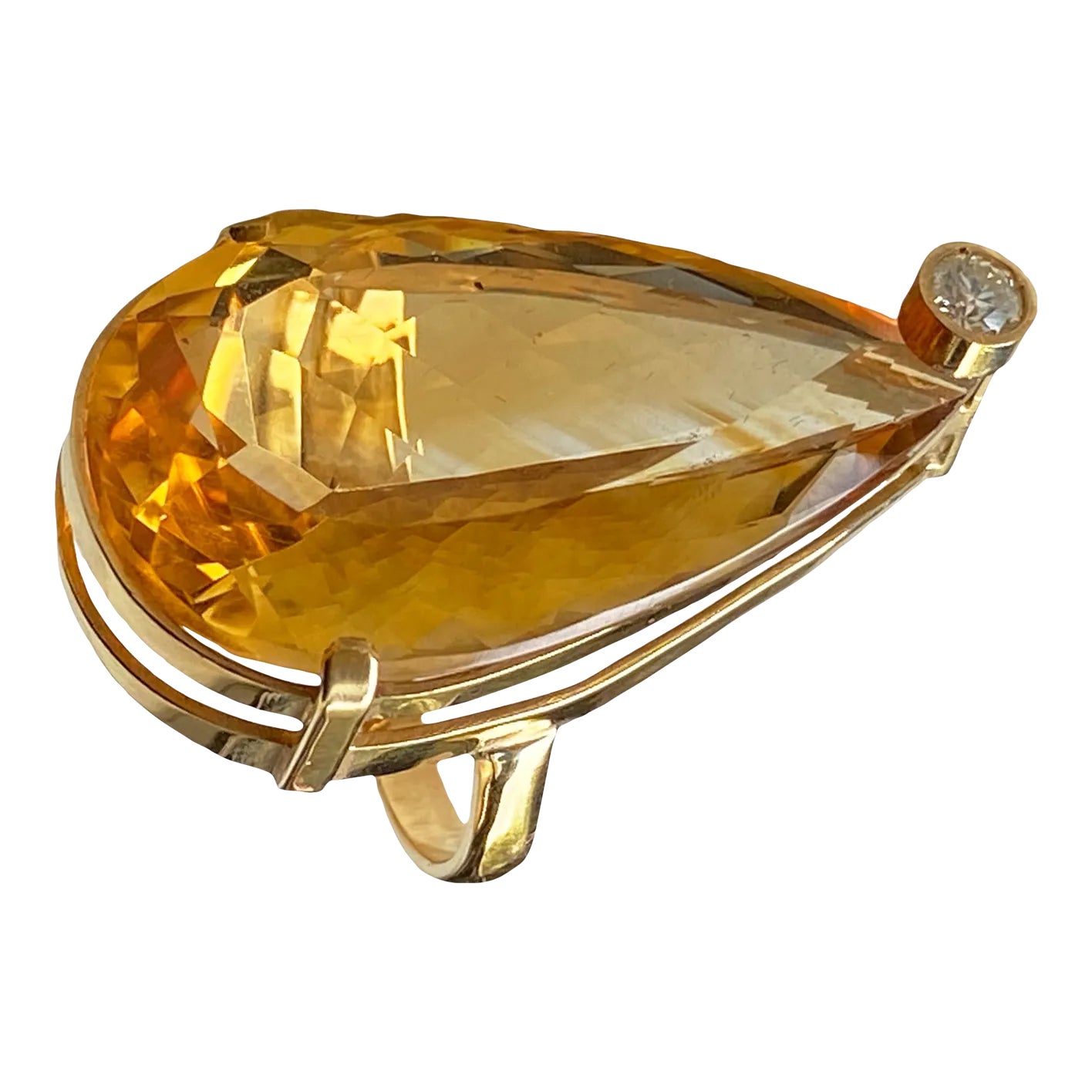 18k Gold Pear Shaped Brazilian Citrine Quartz /Diamond Ring | Chairish