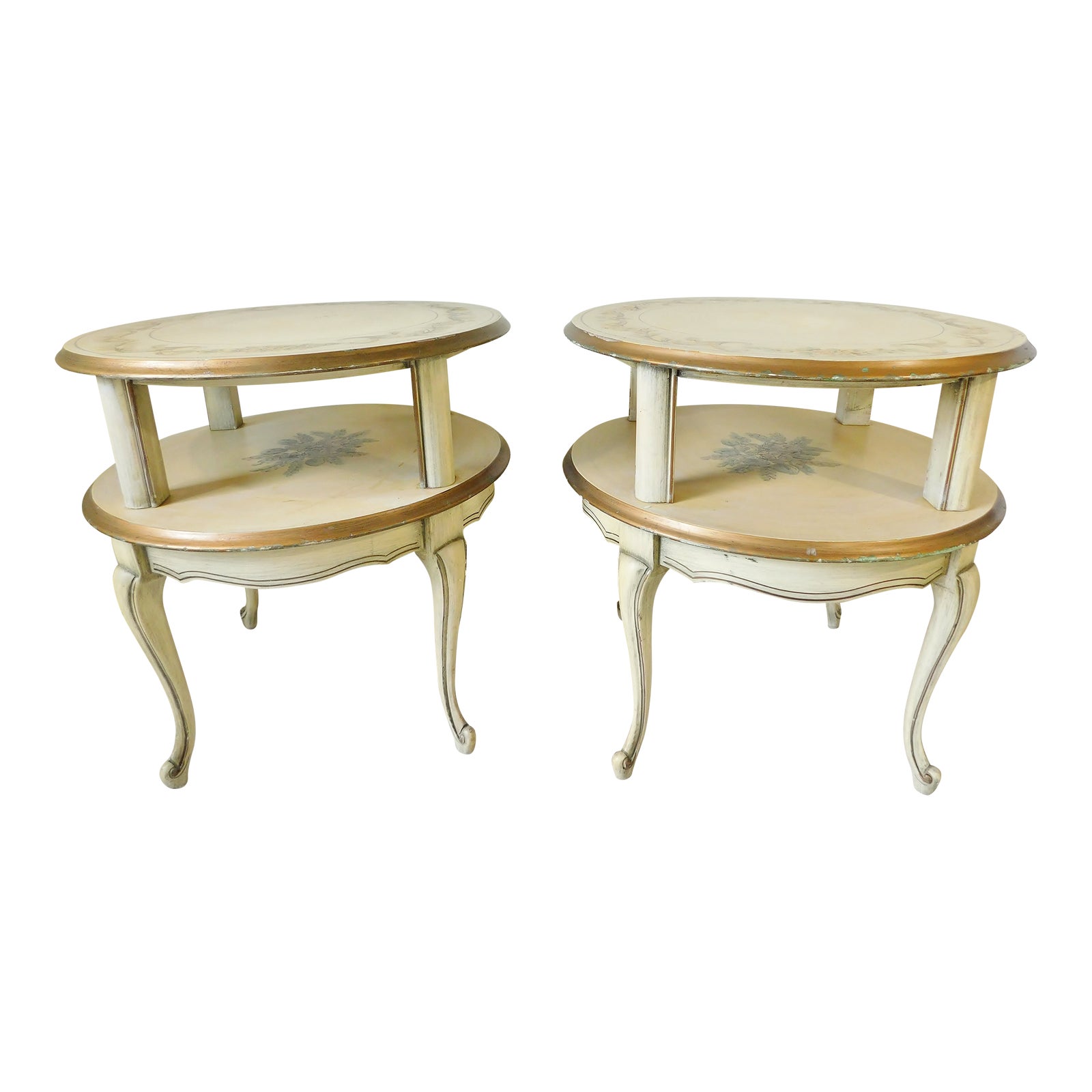 Pair Vintage Mid Century French Provincial Floral Two Tier Round Side ...