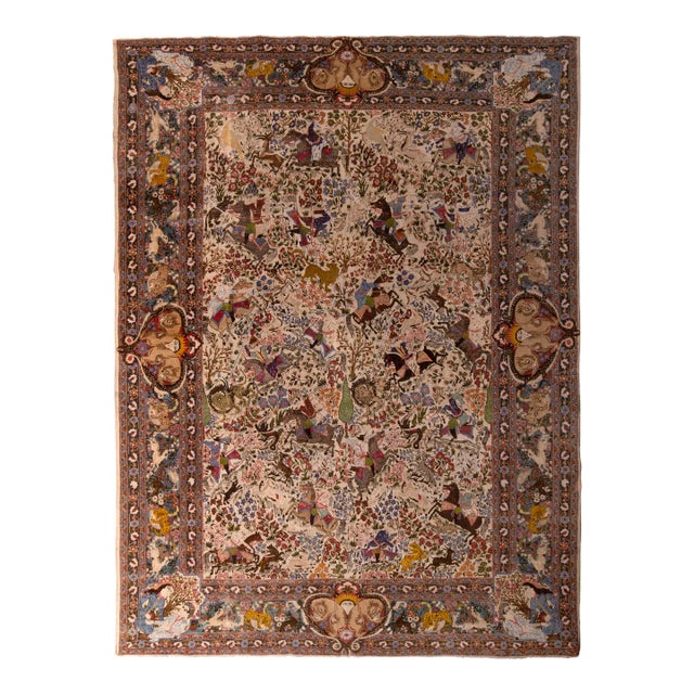 Hand-Knotted Antique Tabriz Style Rug Beige Blue Pictorial All Over ...