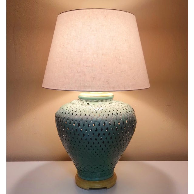 Vintage Pastel Blue Wicker Table Lamp With Shade | Chairish
