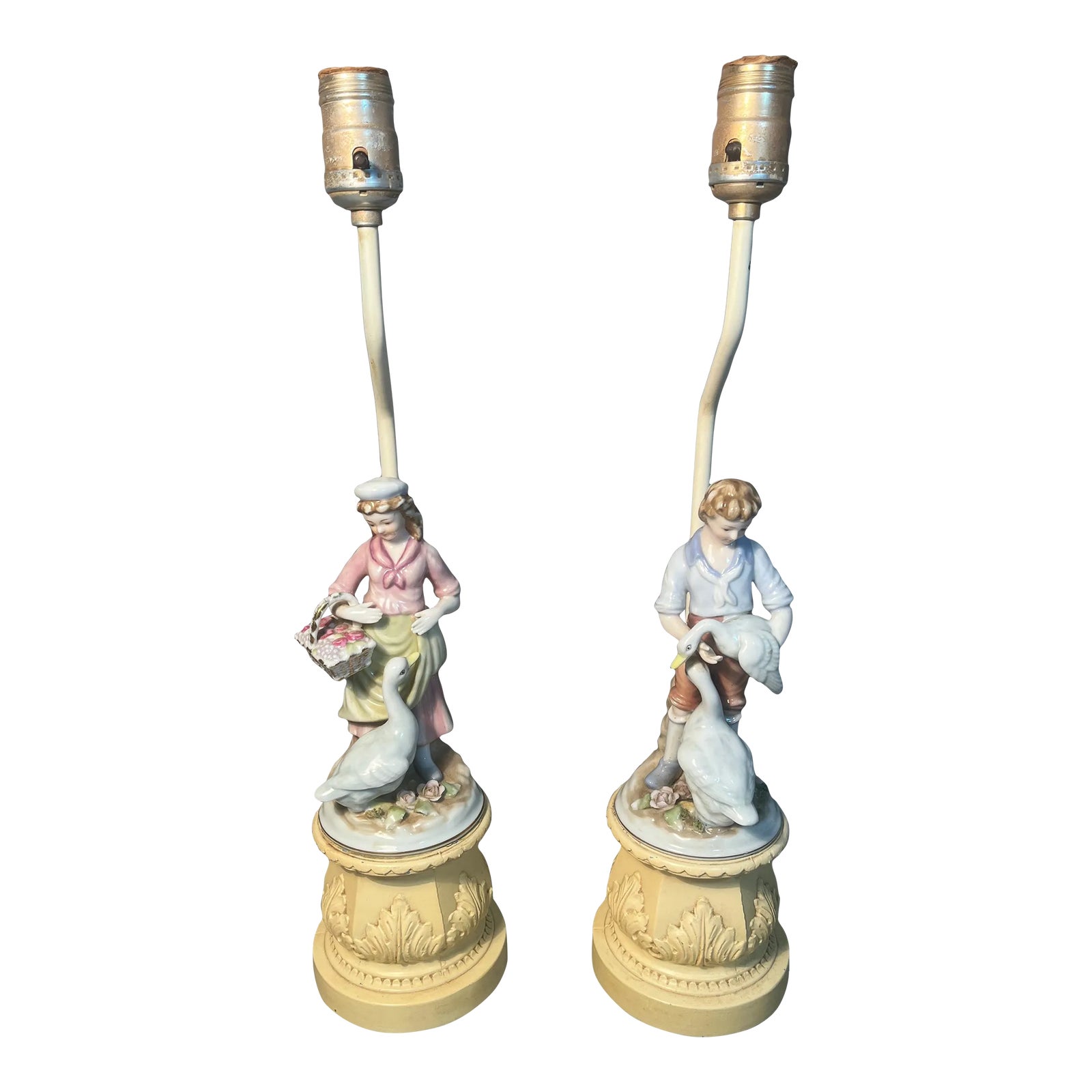 Pair Victorian Style Lamps C1930 Porcelain Farm Boy & Girl With Geese ...
