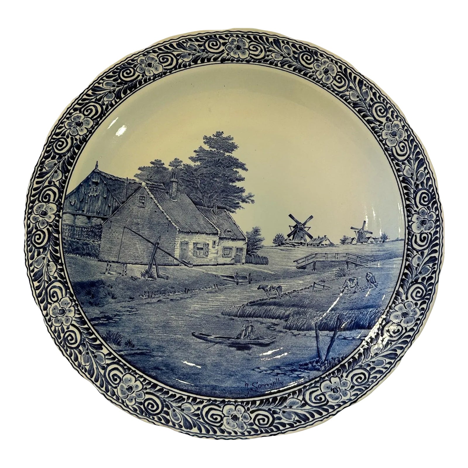 Vintage Large Delft Boch Blue and White Plate With Cottage and Windmill ...