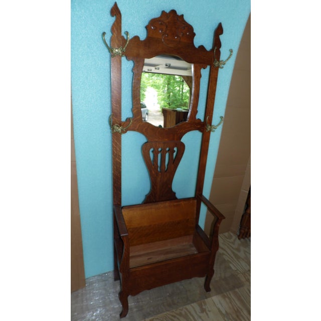 Antique Solid Tiger Oak Mirror Hall Tree Coat Rack Entry Bench | Chairish