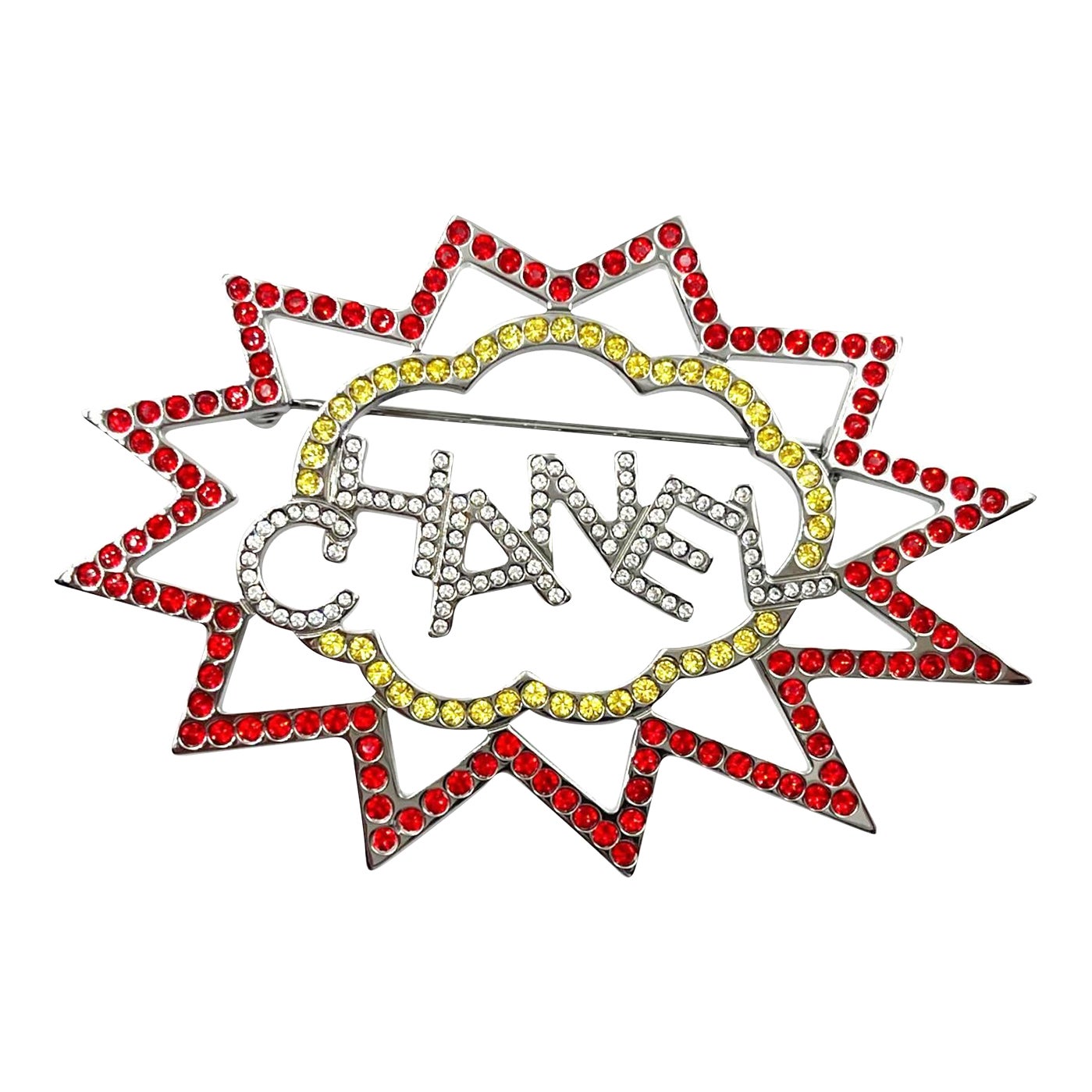 Chanel Silver Cc Red Gold Crystal Bang Large Brooch | Chairish