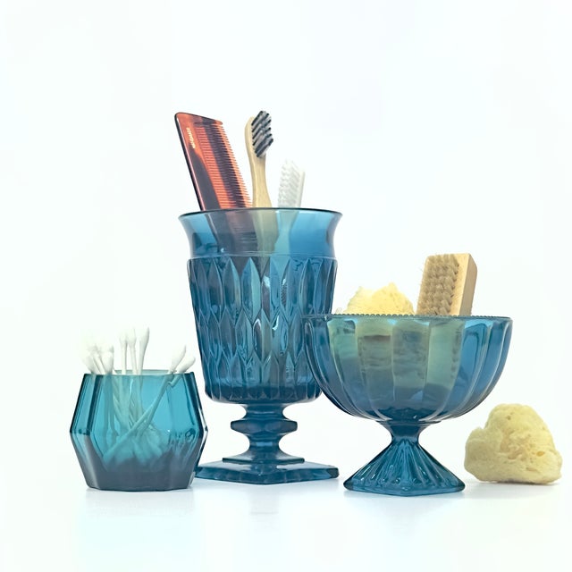 Art Deco Deep Teal Cut Glass Vessel Curation - Group of 3 | Chairish