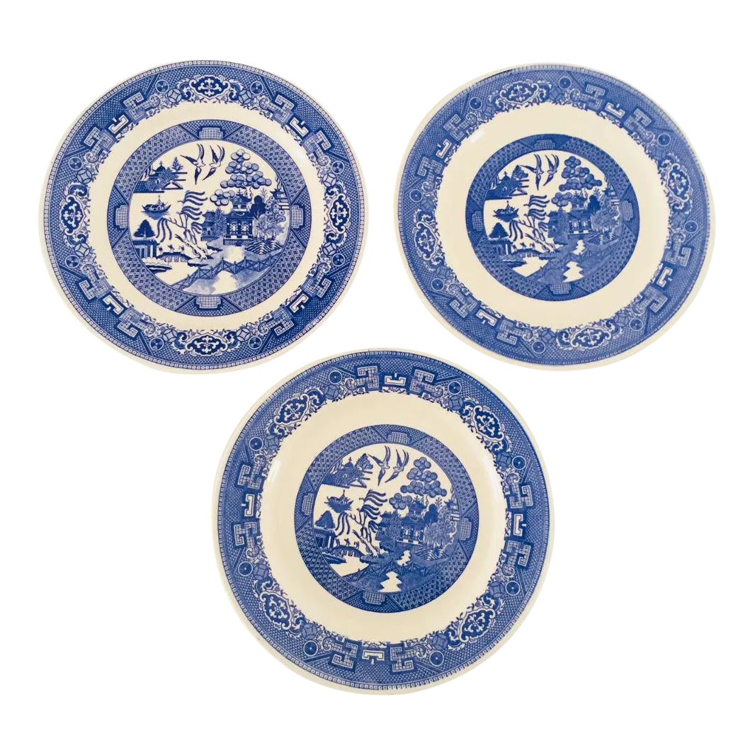 Vintage Blue Porcelain Willow Plates - Set of 3 | Chairish