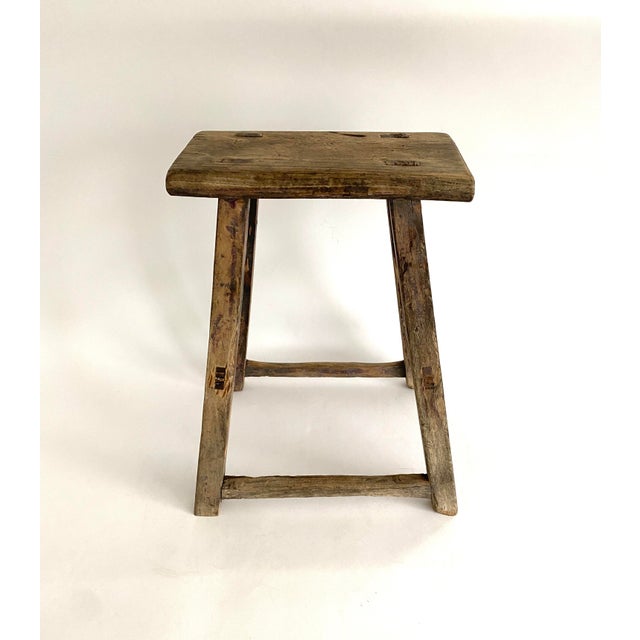 Rustic Elm Wood Farmhouse Stool | Chairish