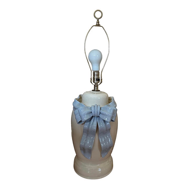 Large Vintage Ceramic Lamp With Blue Bow | Chairish
