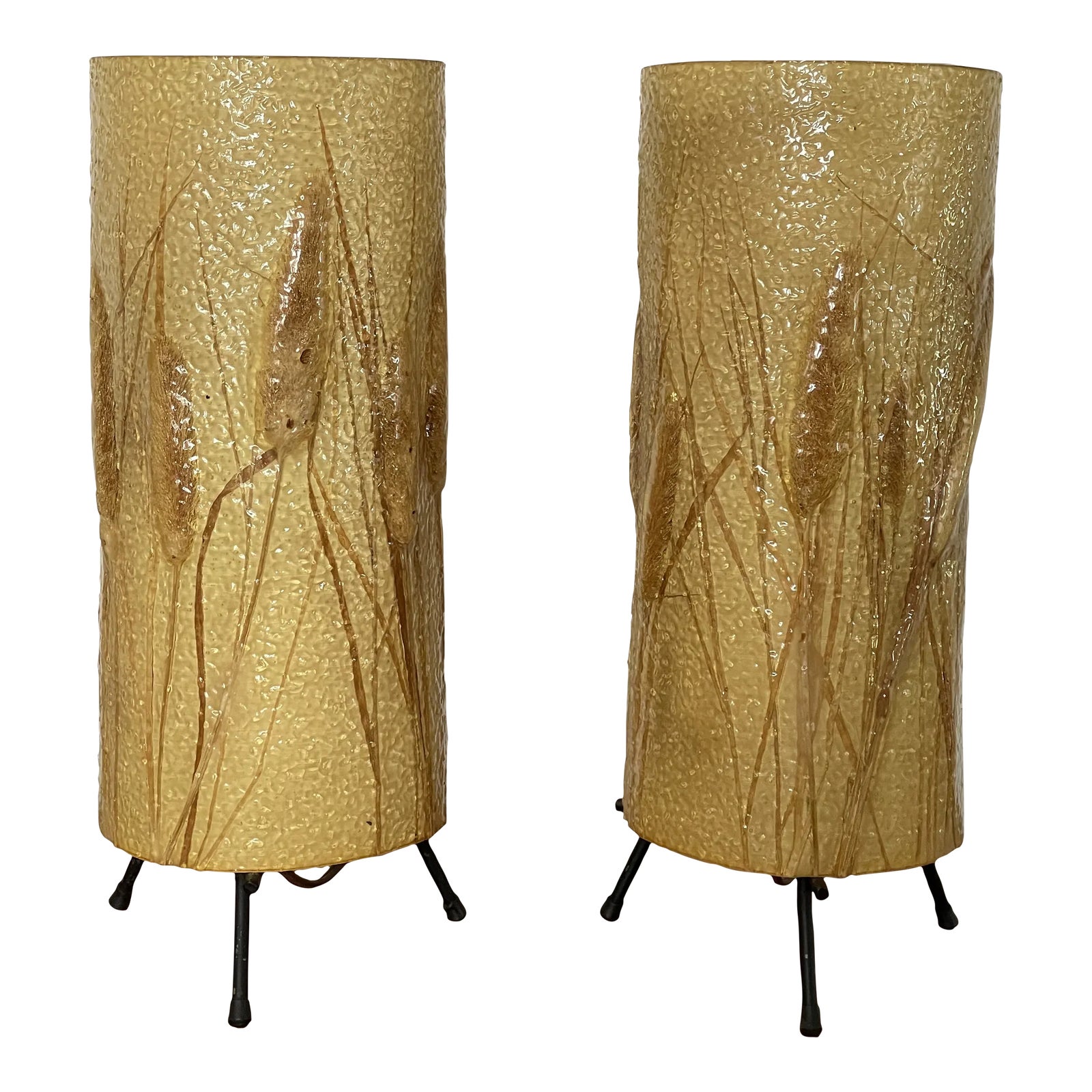 Mid Century Cattail Lamps on Iron Base | Chairish