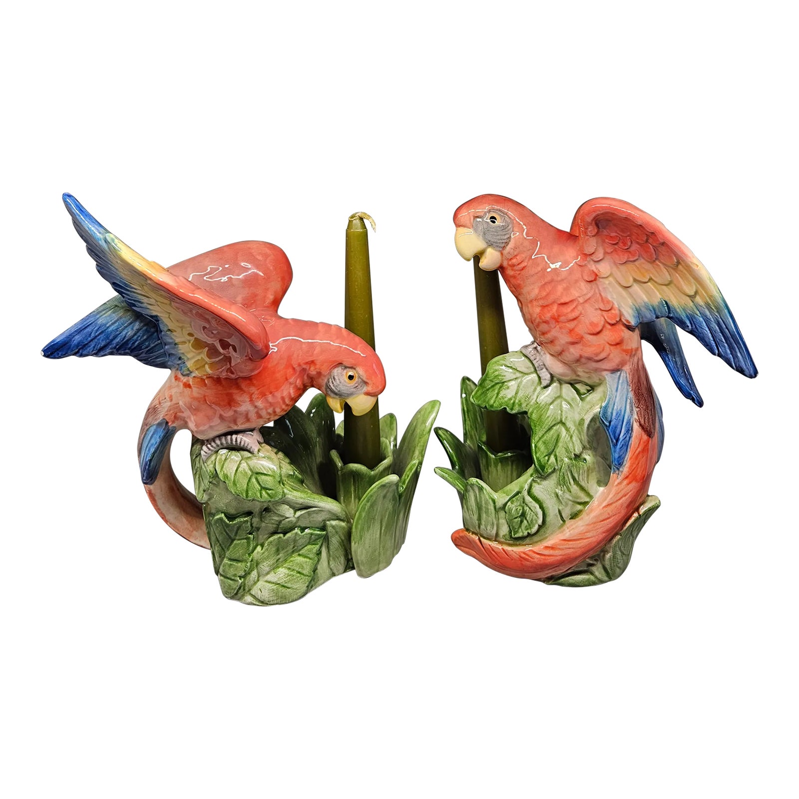 Vintage 1986 Fitz and Floyd Japan Parrot Macaw Pair Candlestick Candle ...