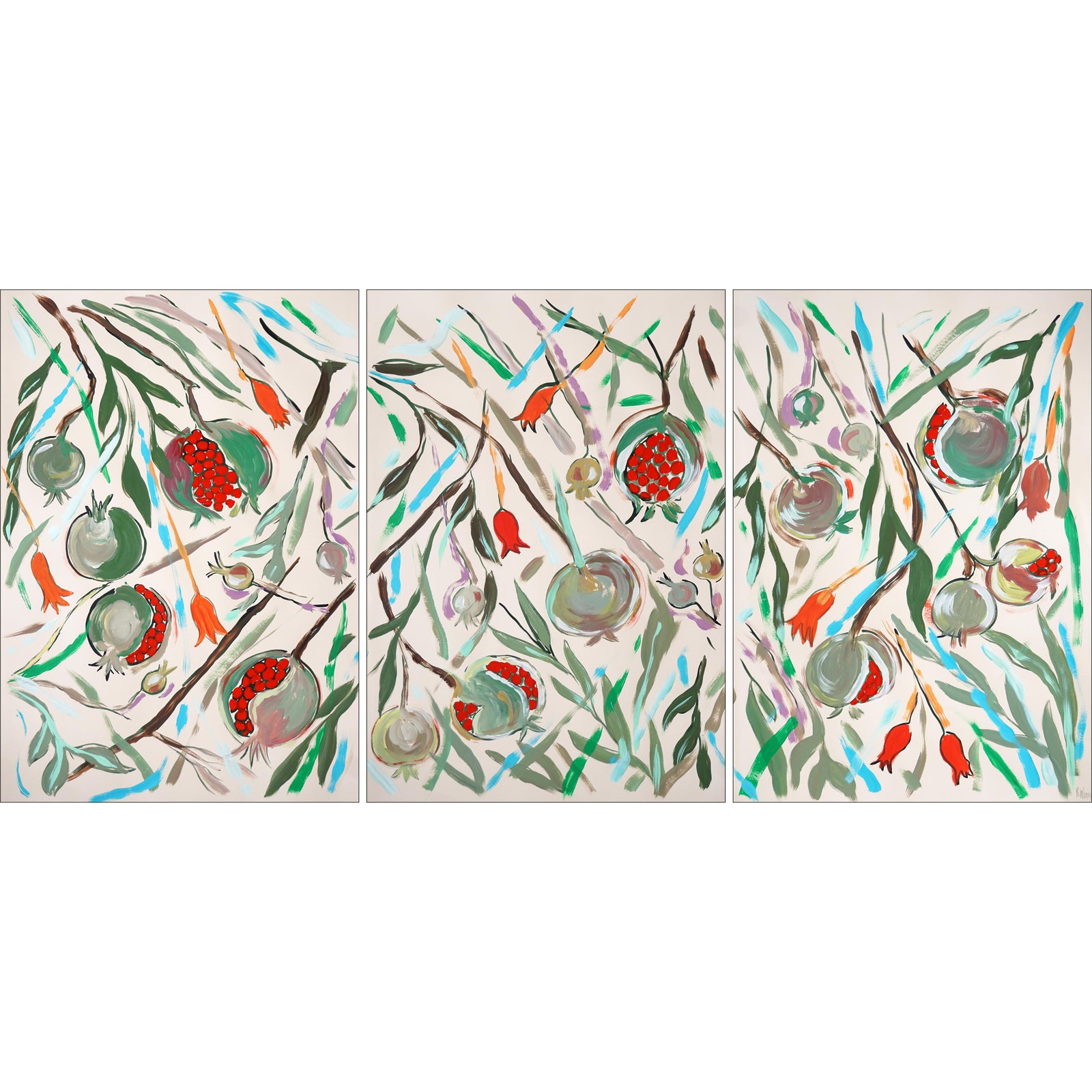 2025, Illustration Style Triptych of Autumn Ripe Pomegranates, Acrylic ...