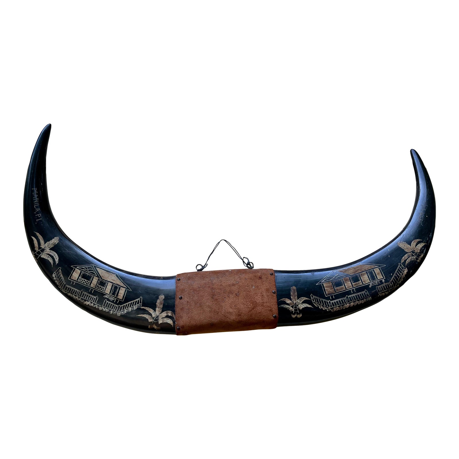 Asian Black Lacquered Steer Horns 1945 Hand Etched Manilla Pl Folk Art ...