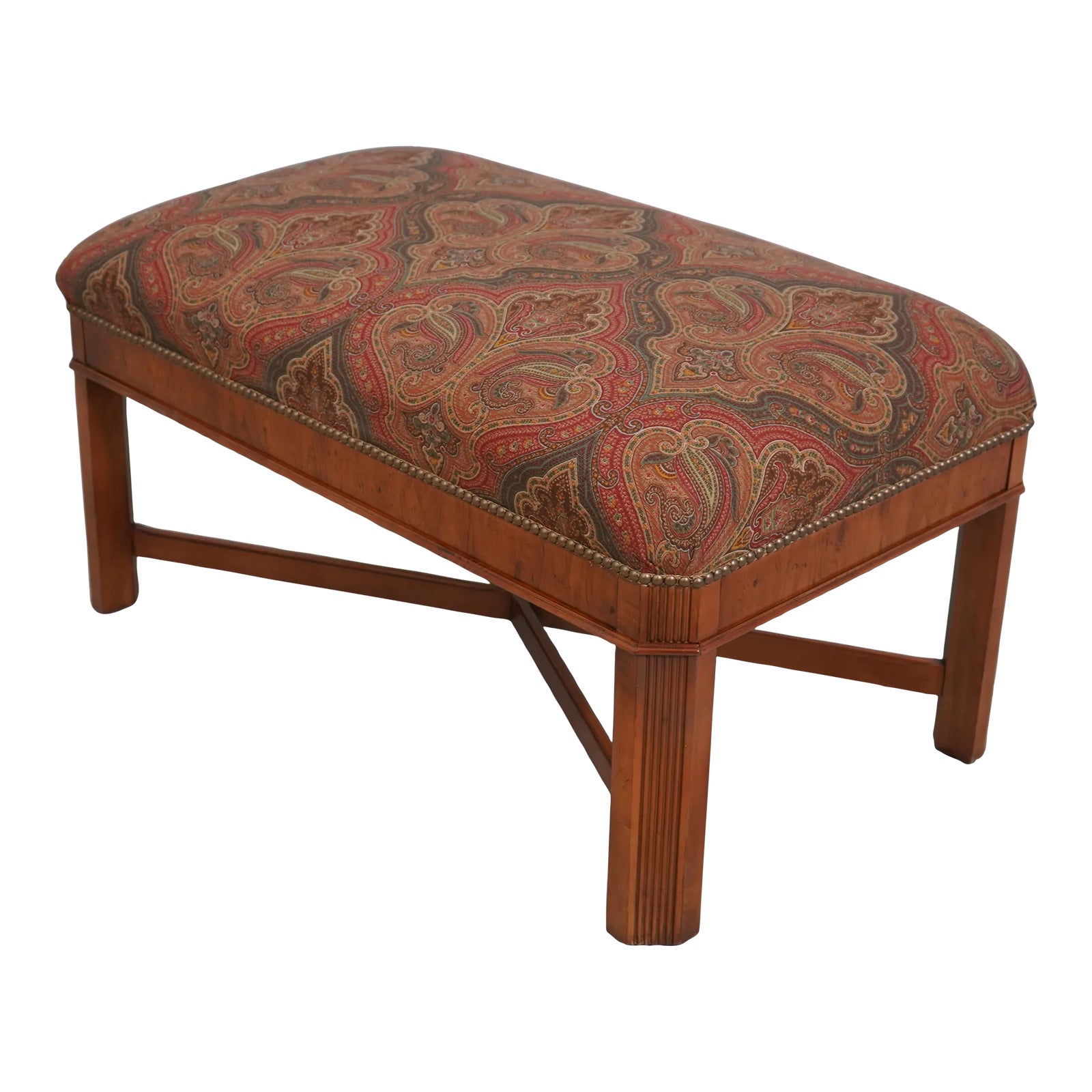 Chippendale Style Newly Upholstered Yew Wood Bench | Chairish