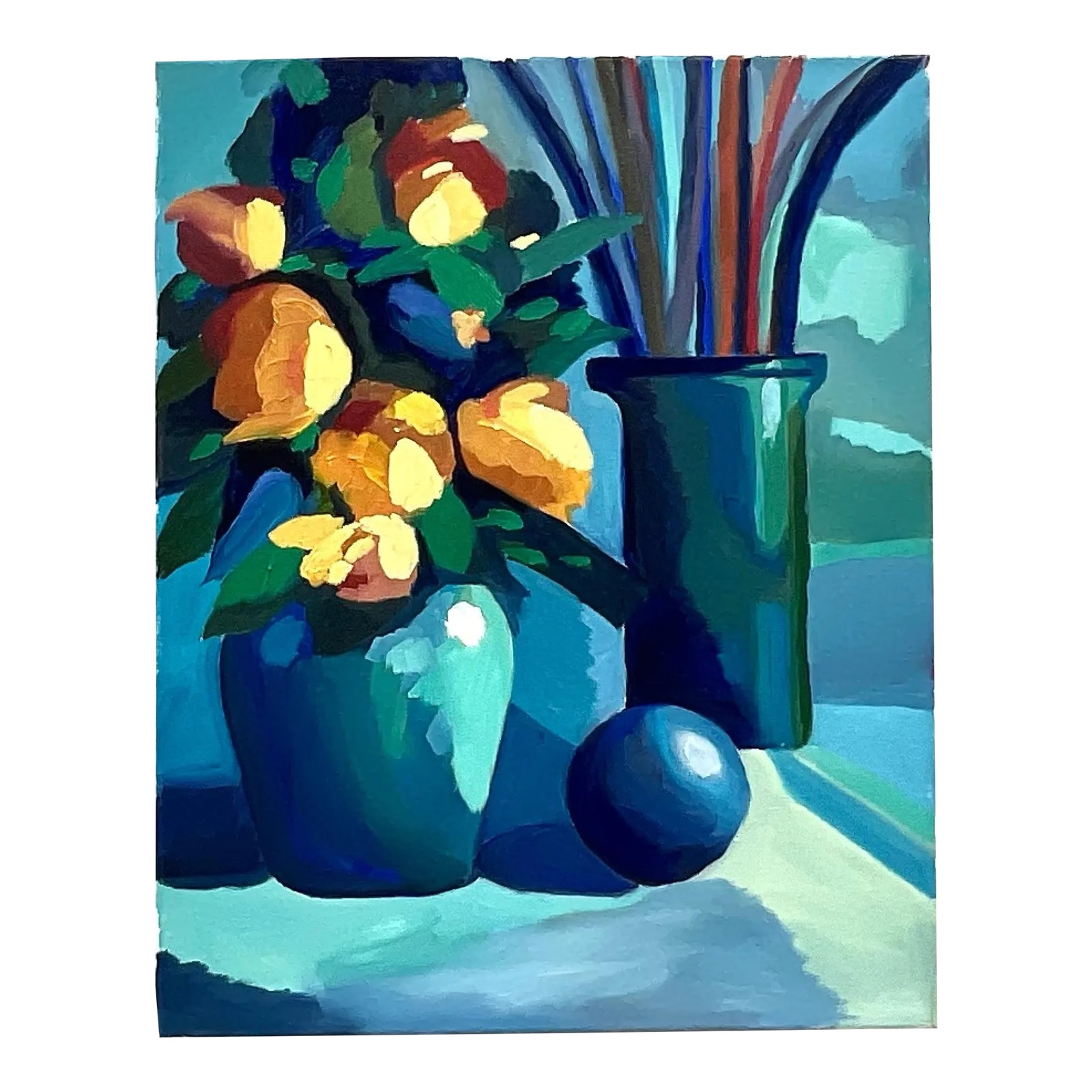 Vintage Blue Still Life Oil Painting on Canvas | Chairish