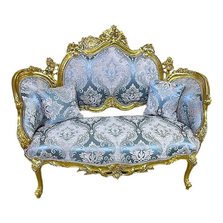 French Rococo Style Blue Tufted Sofa With Gold Details and Pillows ...