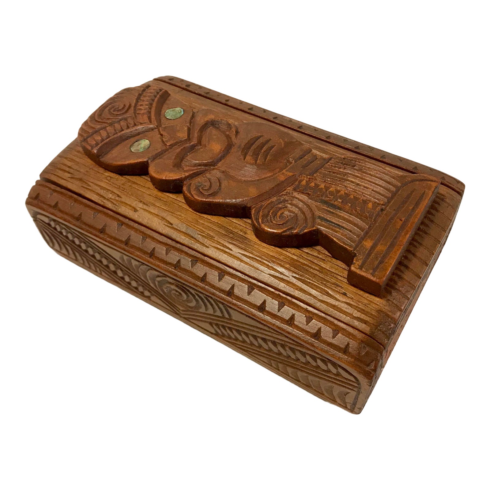 New Zealand Mid-Century Maori Wooden Tiki Box Waka Huia Hand Carved Art ...