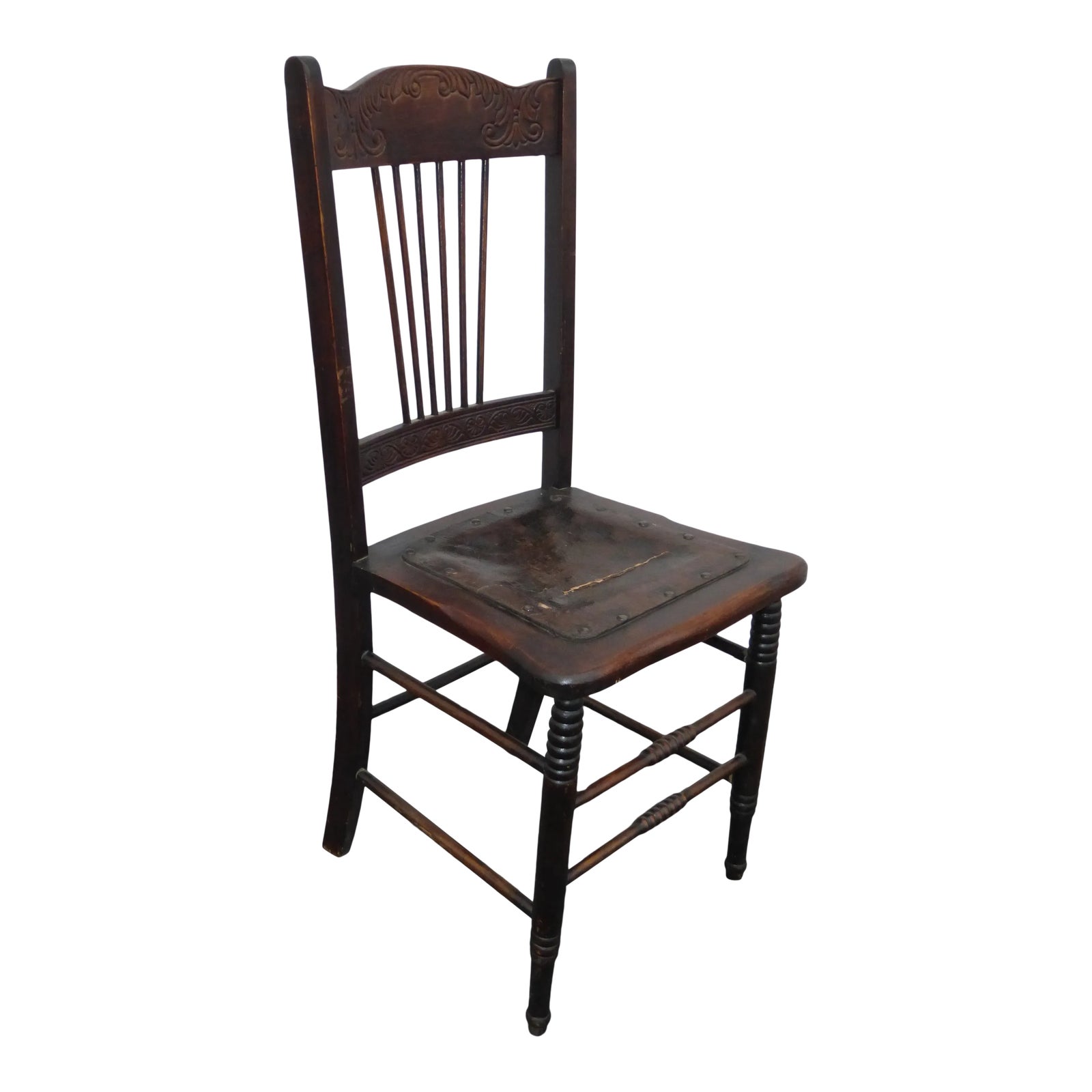 Vintage Carved Rustic Farmhouse Wood Side Chair W Leather Seat | Chairish
