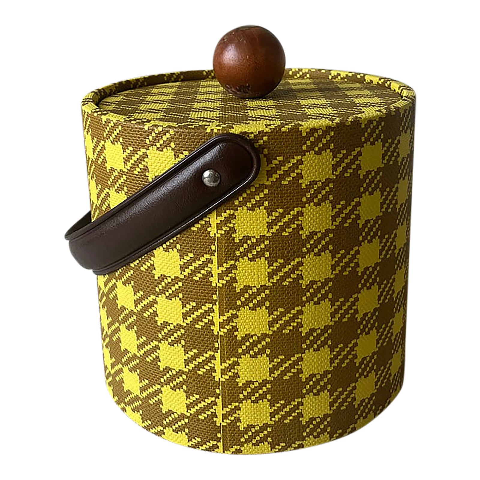 Vintage Plaid Ice Bucket With Leather Handle and Wooden Lid Knob - Mid ...