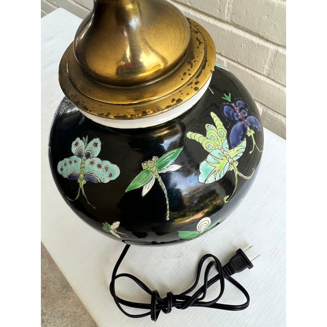 Vintage Chinoiserie Black Porcelain Table Lamp With Butterflies Moths ...