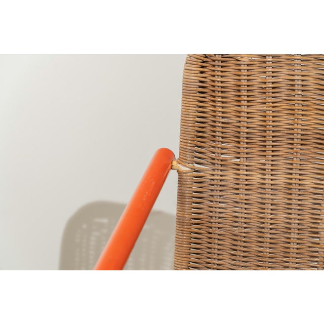 Mid-Century French Orange Polychrome Tubular Steel Chair with Rush Seat ...