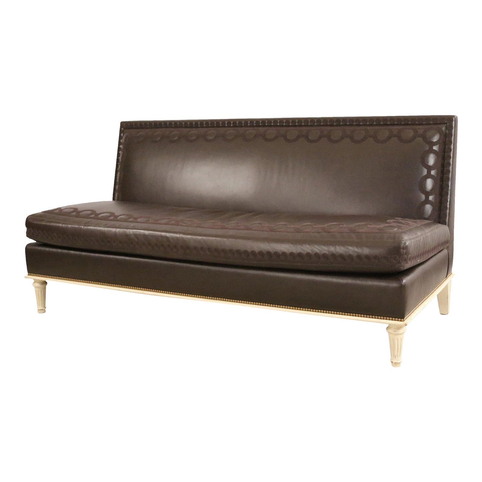 Contemporary Embroidered Brown Leather and Painted Wood Sofa | Chairish